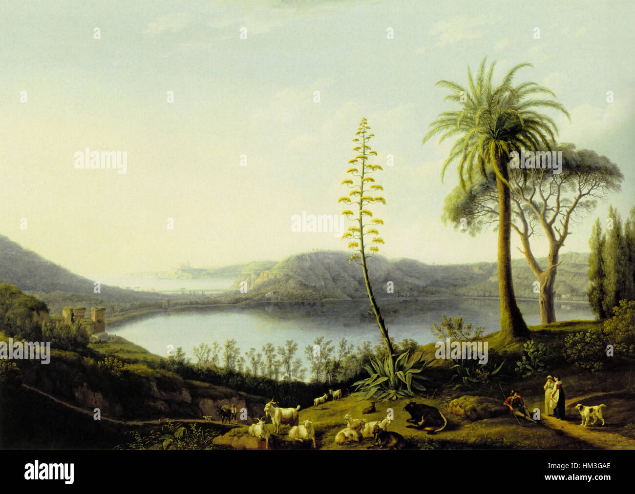 A painting titled 'Blick auf den See von Averno' by Hackert, showing a ...