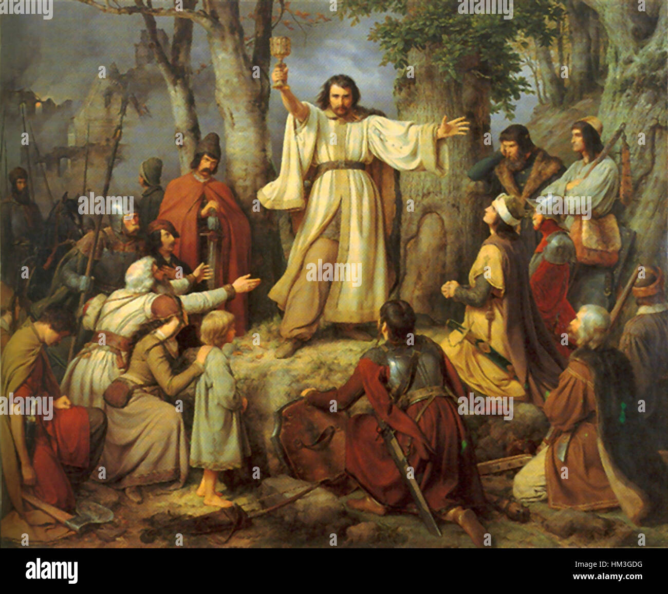 The painting 'Hussitenpredigt' (Hussite Sermon) depicts a religious ...