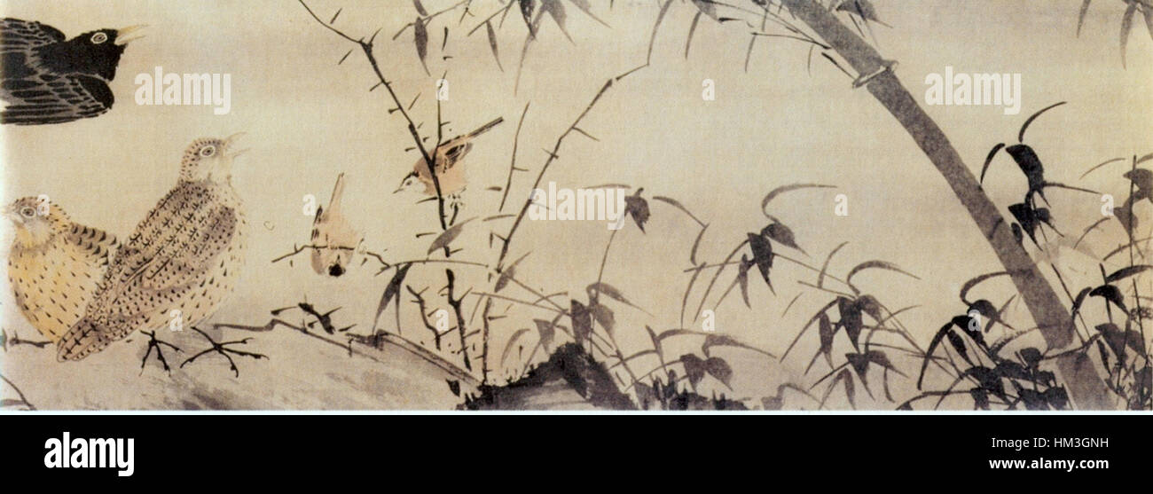 A section of Lin Liang's handscroll, 'Birds in Bushes,' features ...