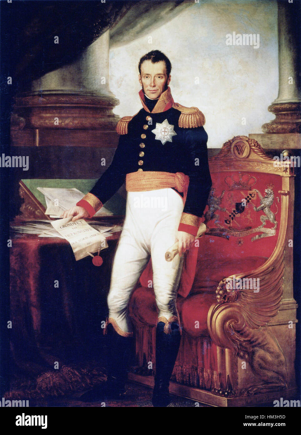 This portrait of King Willem I standing with the Dutch constitution of ...