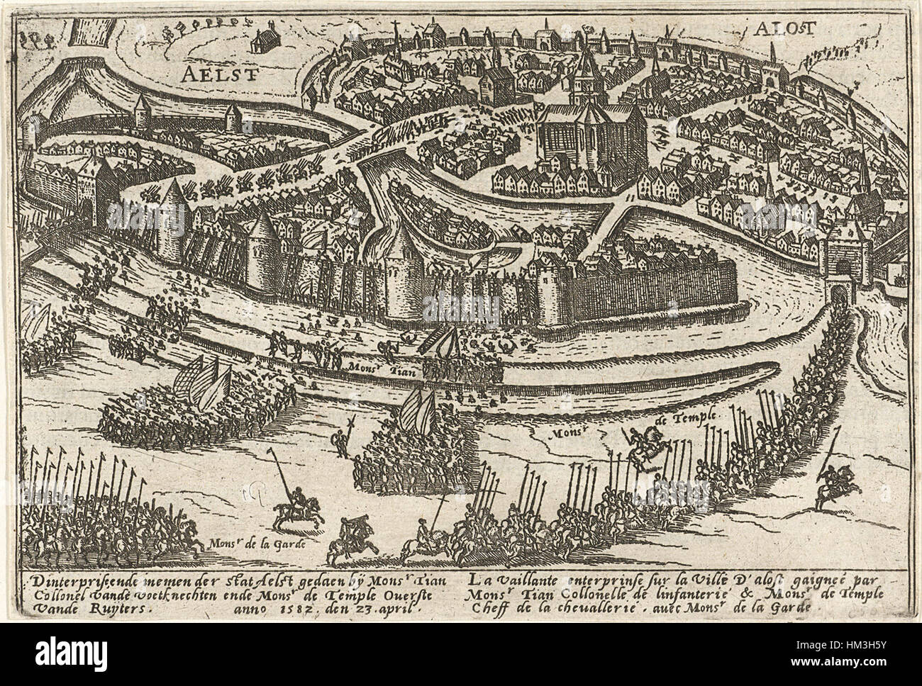 This historical painting titled 'Inname van Aalst' depicts the 16th ...