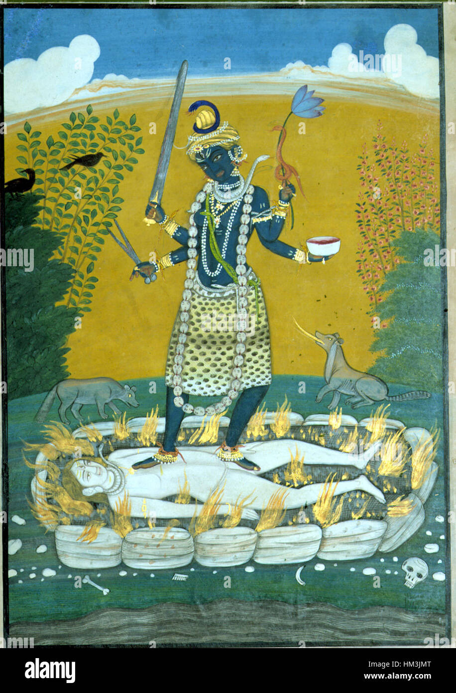 This image depicts Kali, the Hindu goddess of destruction, standing ...