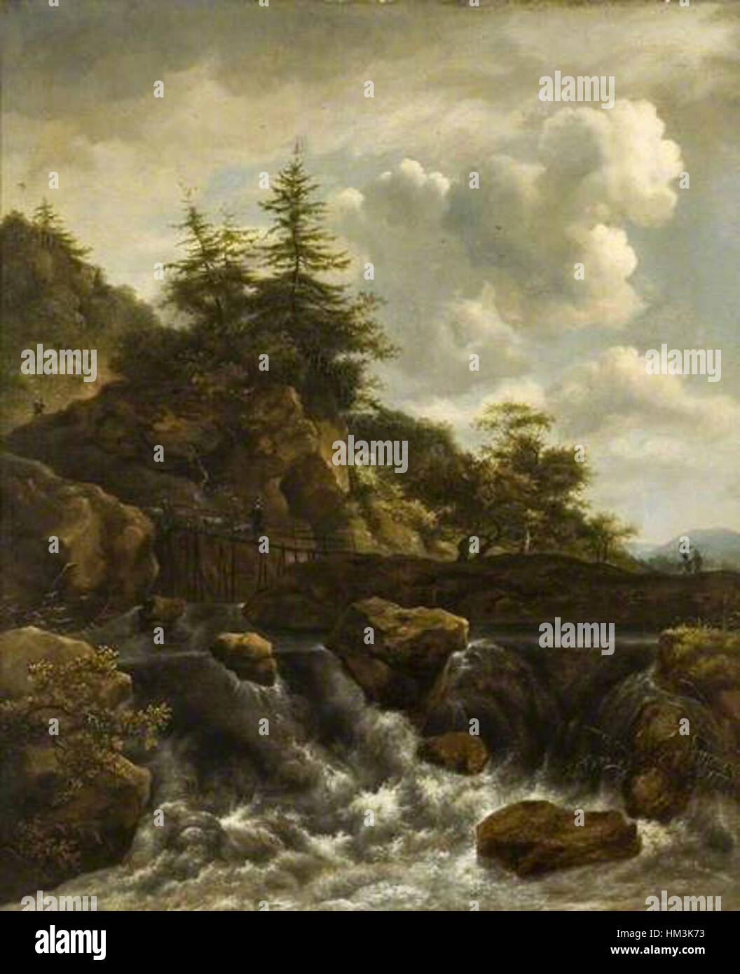 Jacob van Ruisdael - Waterfall with footbridge and pine trees Stock ...