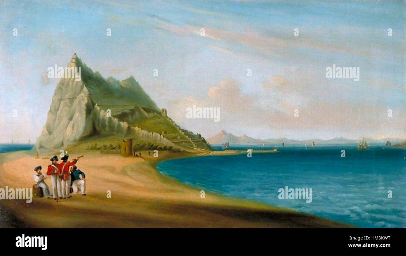 A painting by John Mace depicting the north view of Gibraltar from the ...