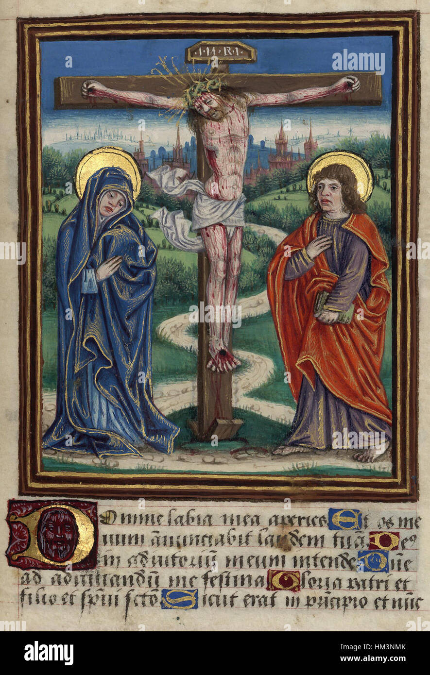 This medieval manuscript illustration shows Christ on the cross ...