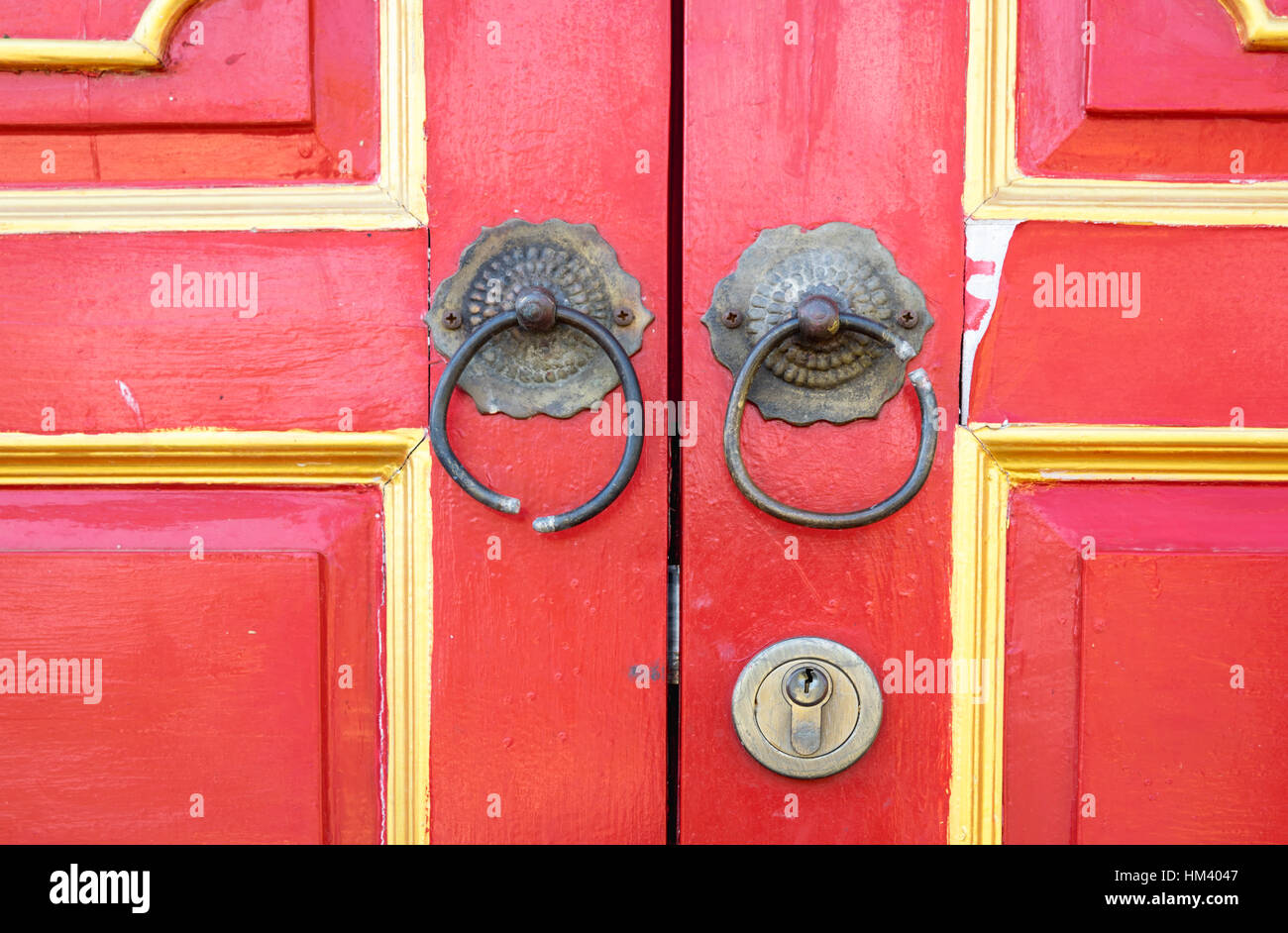 Selective focus handle and lock on chinese red wooden decorated door ...