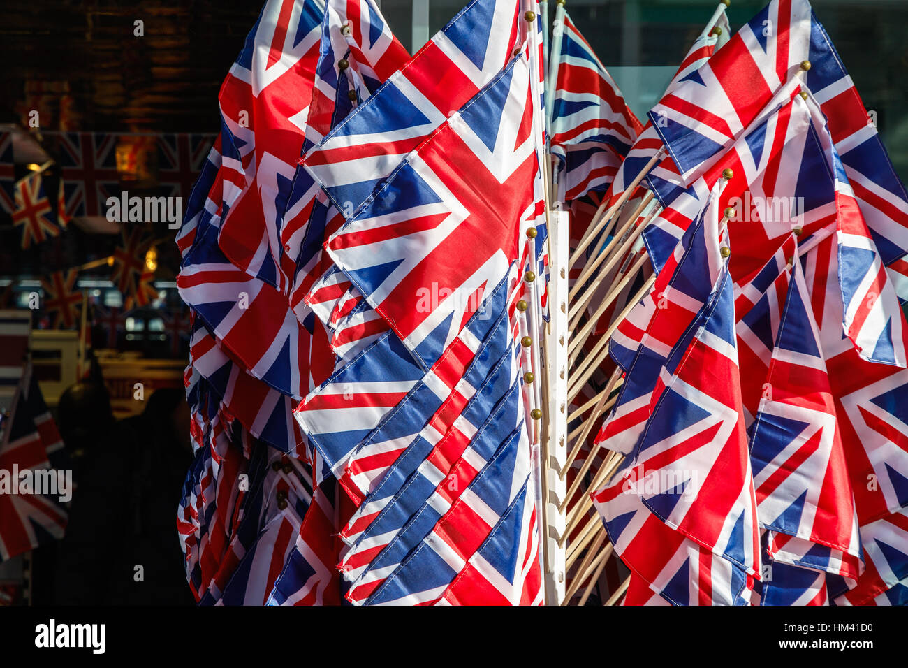 Flags of the United Kingdom displayed outside a souvenir shop in London ...