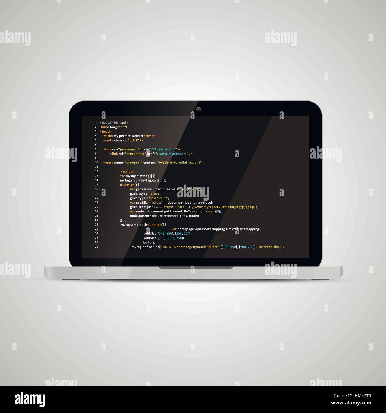 Realistic glossy laptop with simple website HTML code on dark ... Realistic glossy laptop with simple website HTML code on dark ...