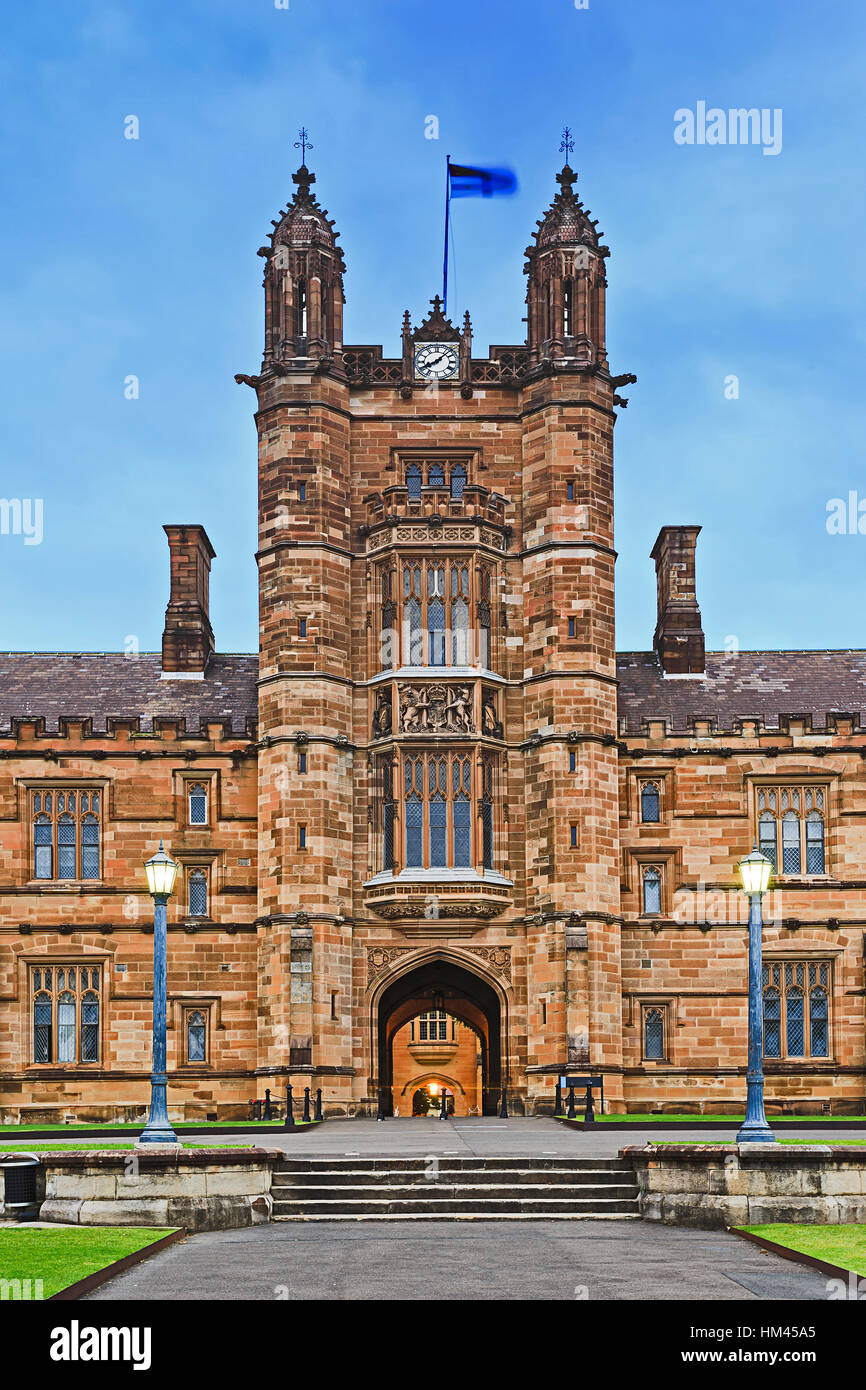 Facade of historic building of Sydney University. Entrance tower and ...
