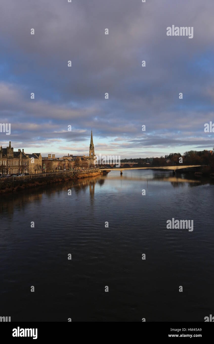 Perth waterfront reflected in River Tay Scotland January 2017 Stock ...