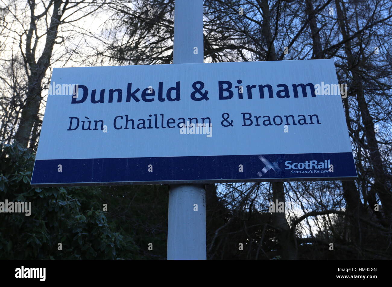 Dunkeld and Birnam Railway station sign Perthshire Scotland January ...