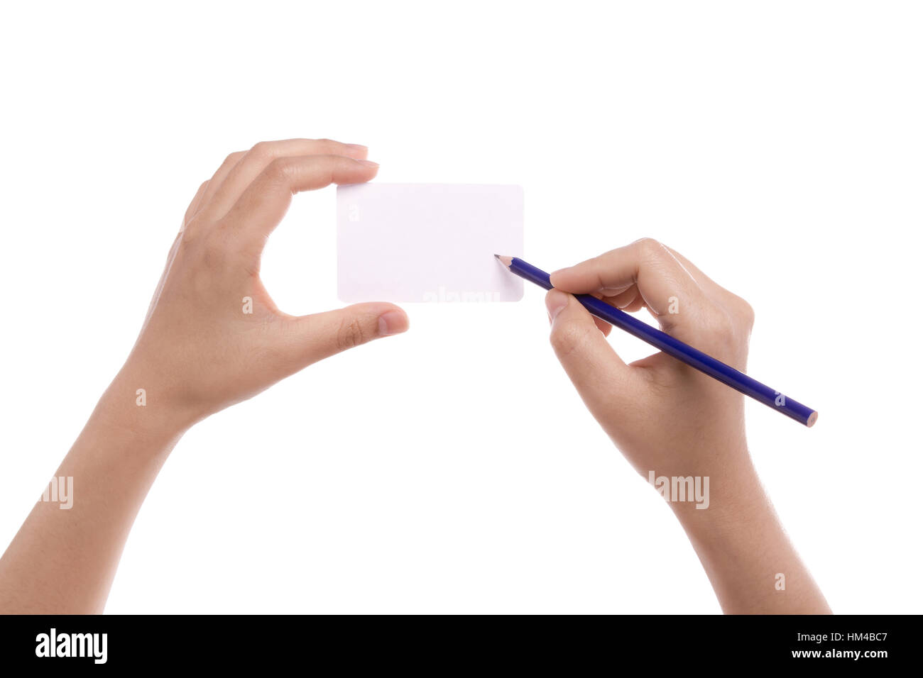 Hand card and pencil isolated on white Stock Photo - Alamy