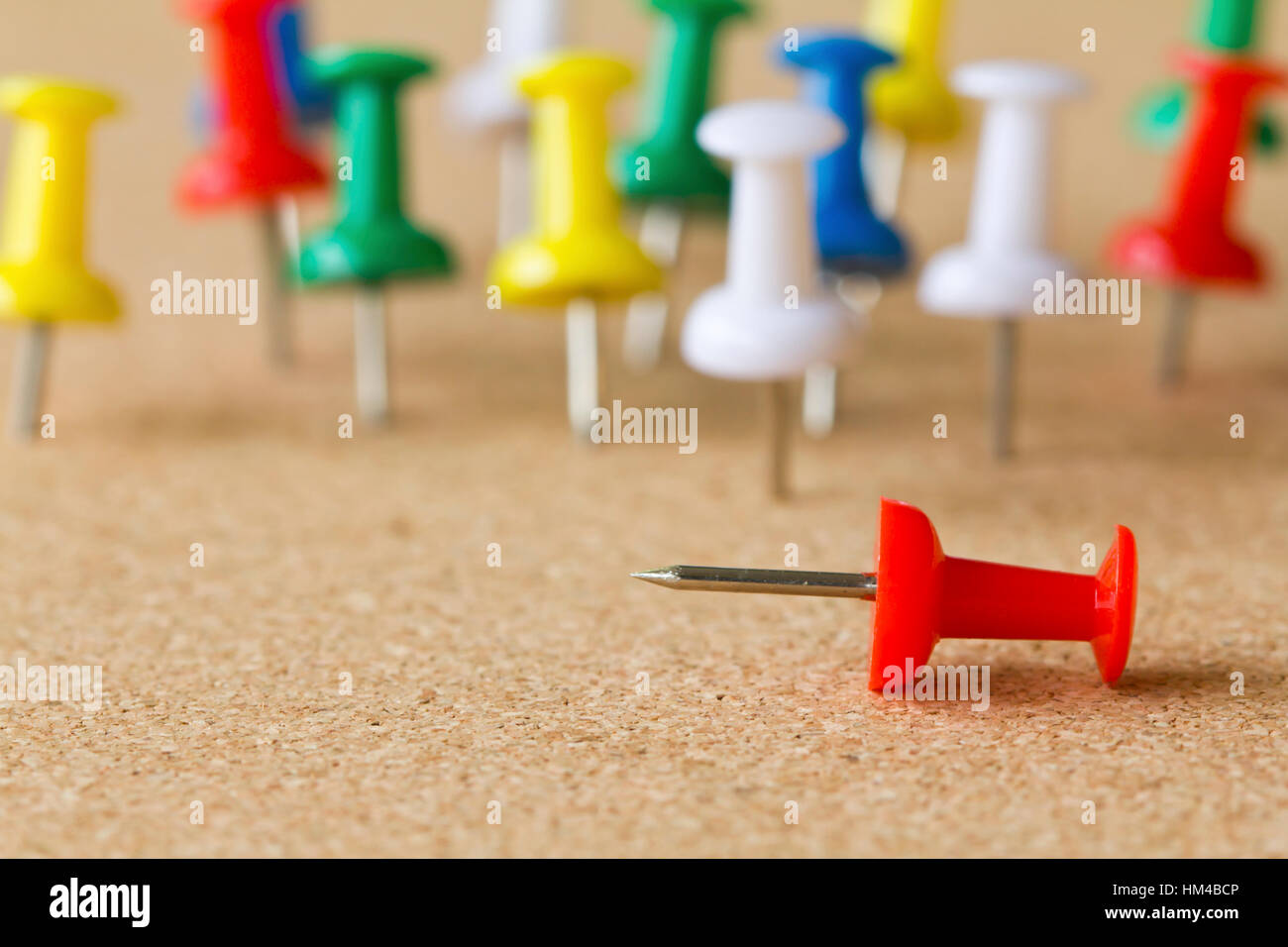 Group of colorful push pins on cork bulletin board Stock Photo - Alamy