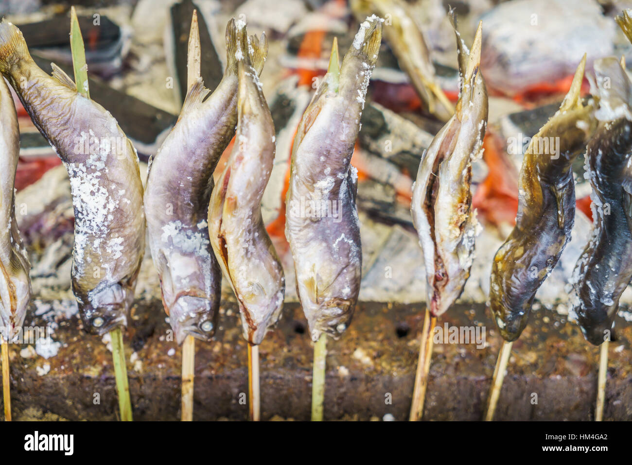 Fish with salt being grilled outdoors in Japan Stock Photo - Alamy