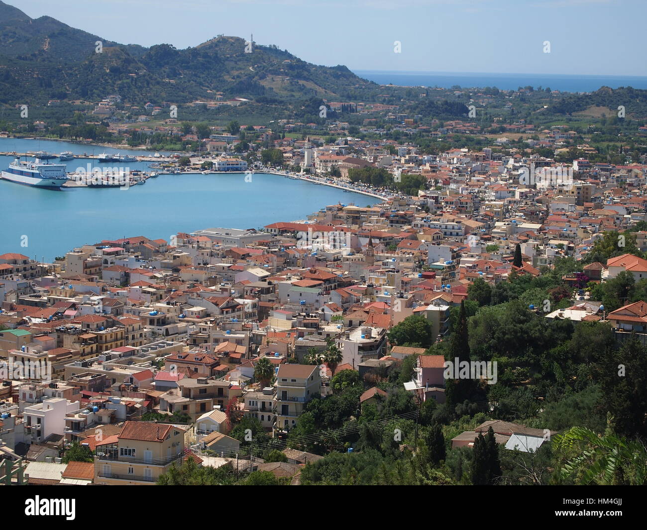 The capital of Zakynthos island in Greece. A view downhill. A panoramic ...
