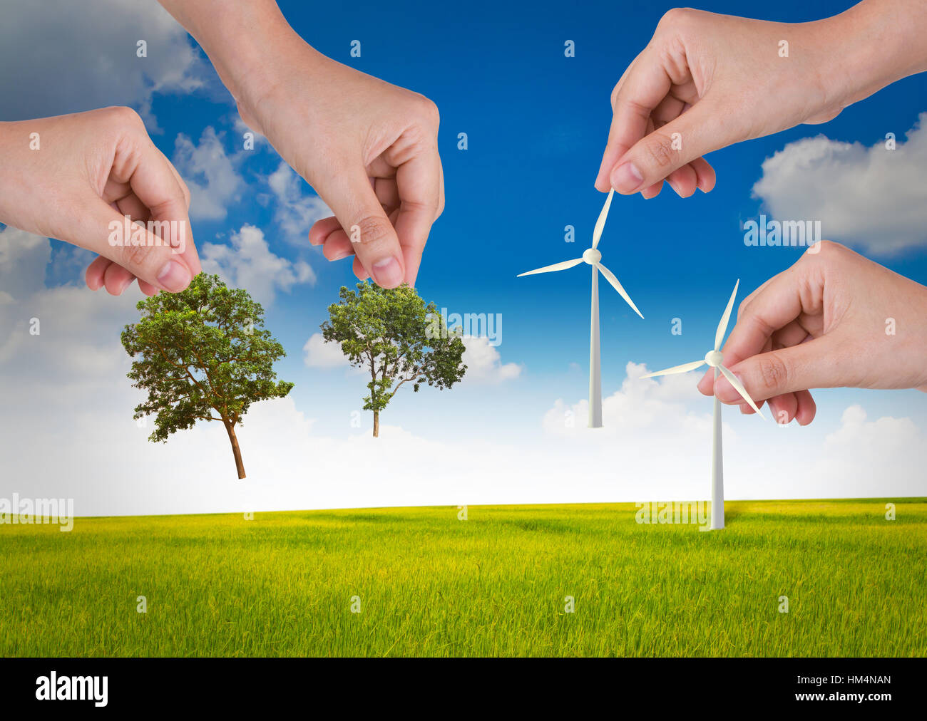 Hand hold wind turbine and tree over blue sky Stock Photo - Alamy