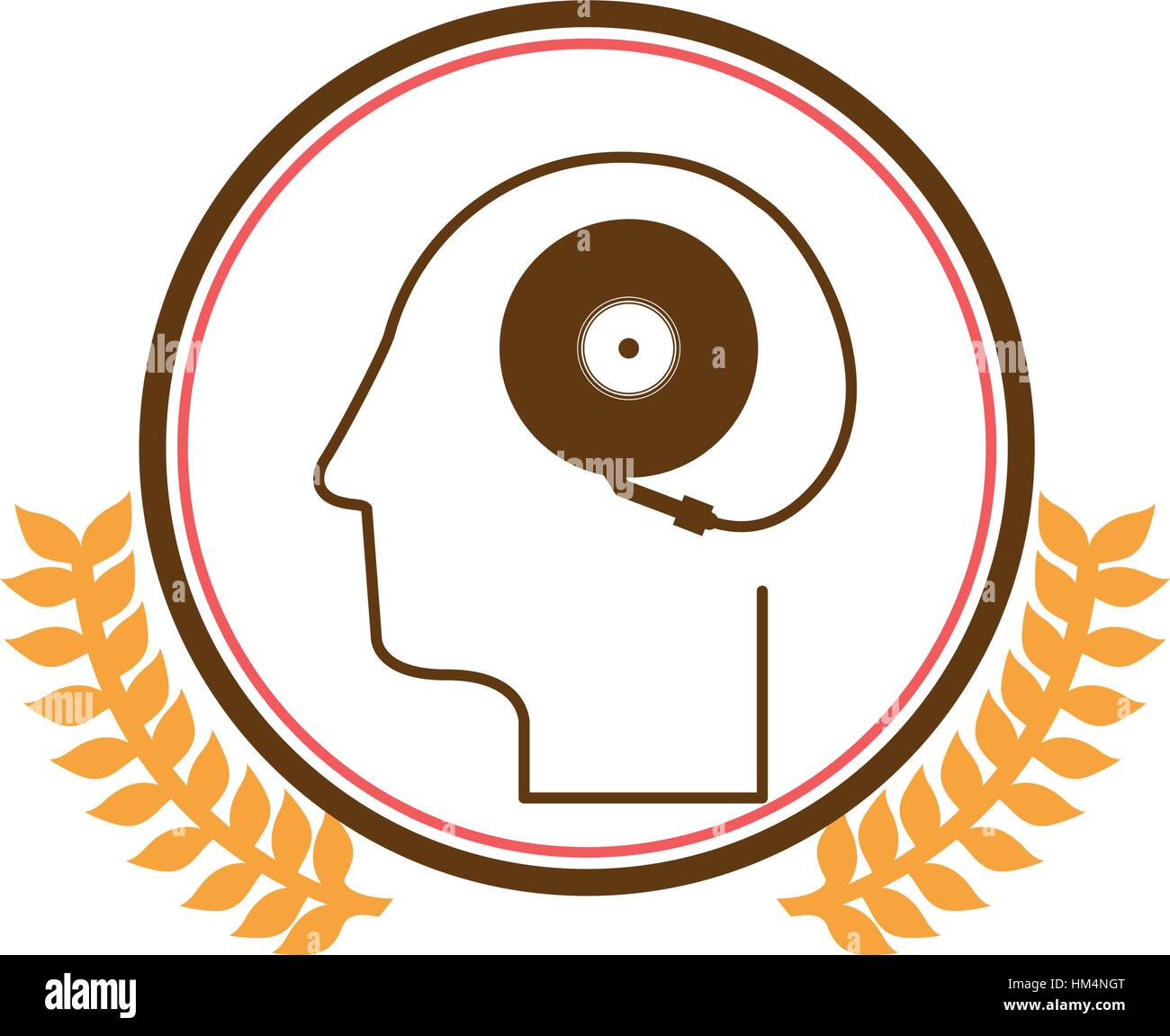 circular border arch with leaves and silhouette head with record player ...