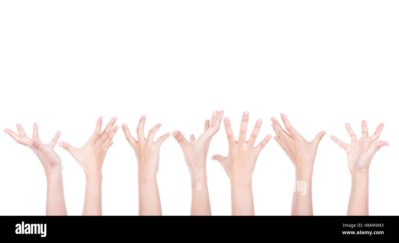 Group of Hands reaching for something isolated on white background ...