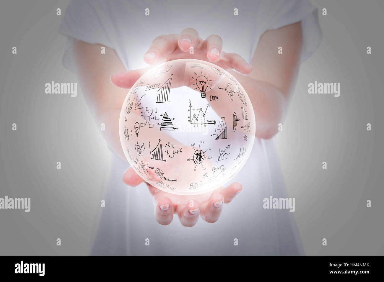 Woman hands hold graph in bubble over body Stock Photo - Alamy