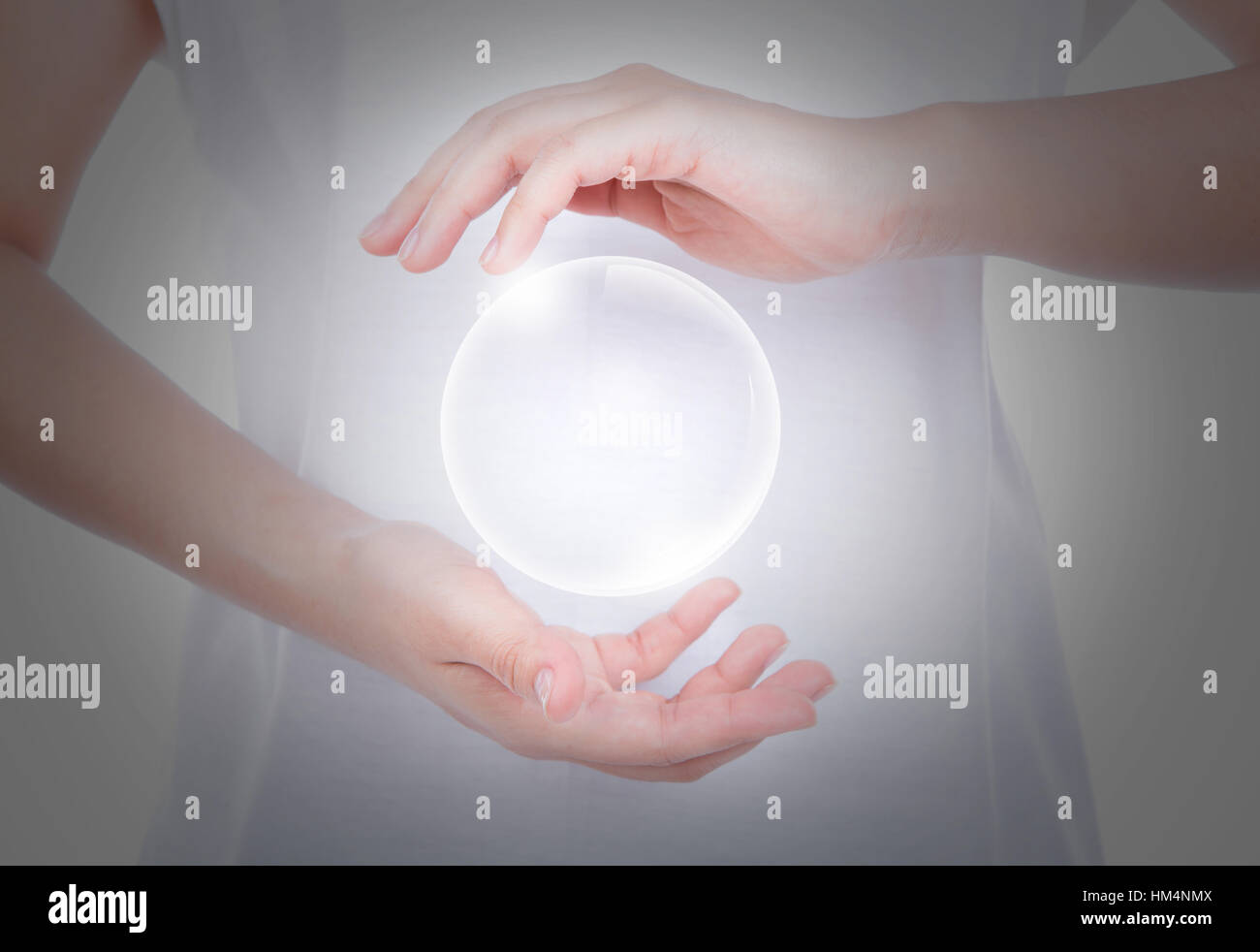 Woman hands hold empty bubble over body Stock Photo - Alamy