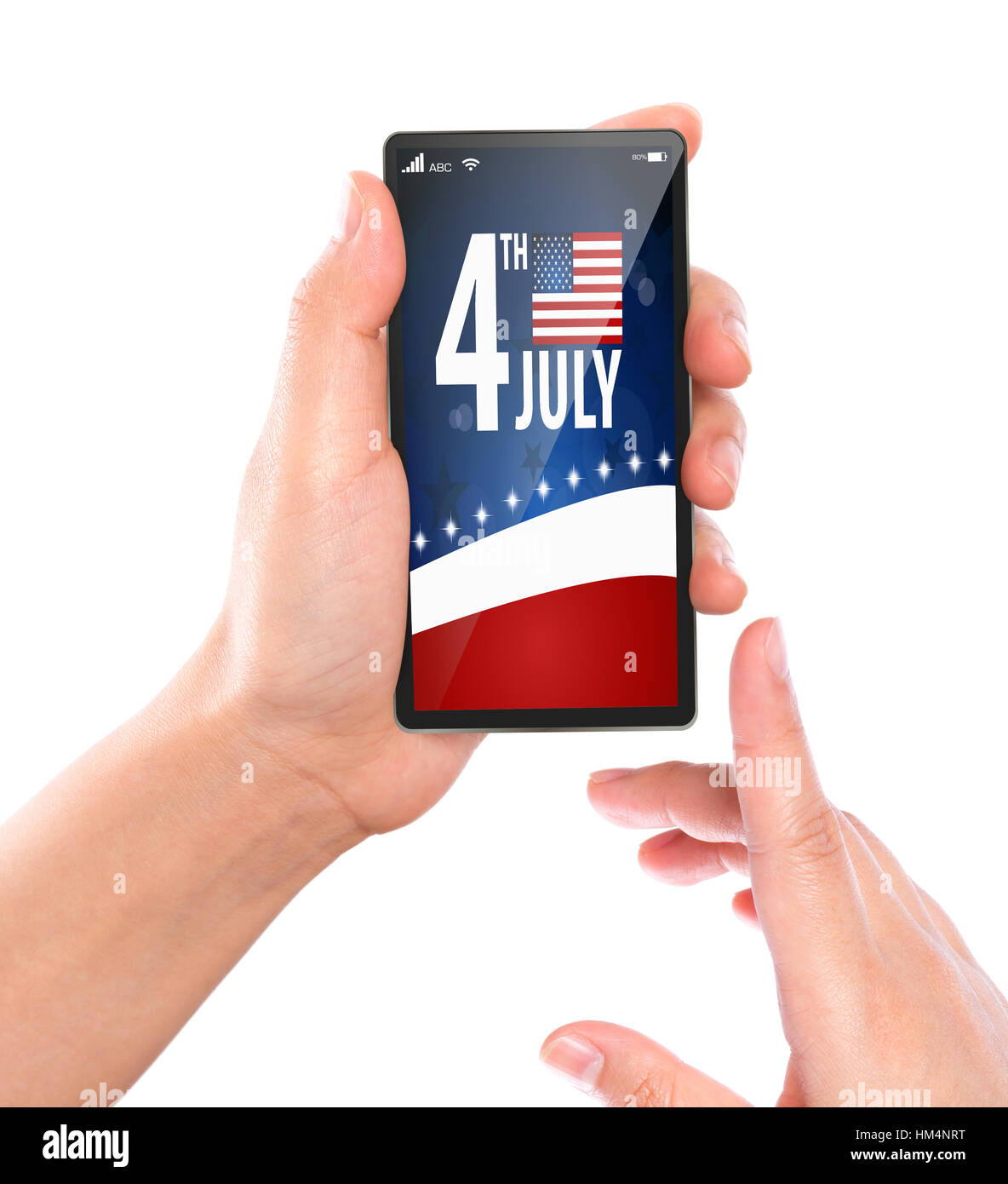 Business hand with mobile phone show American Flag for Independence Day ...