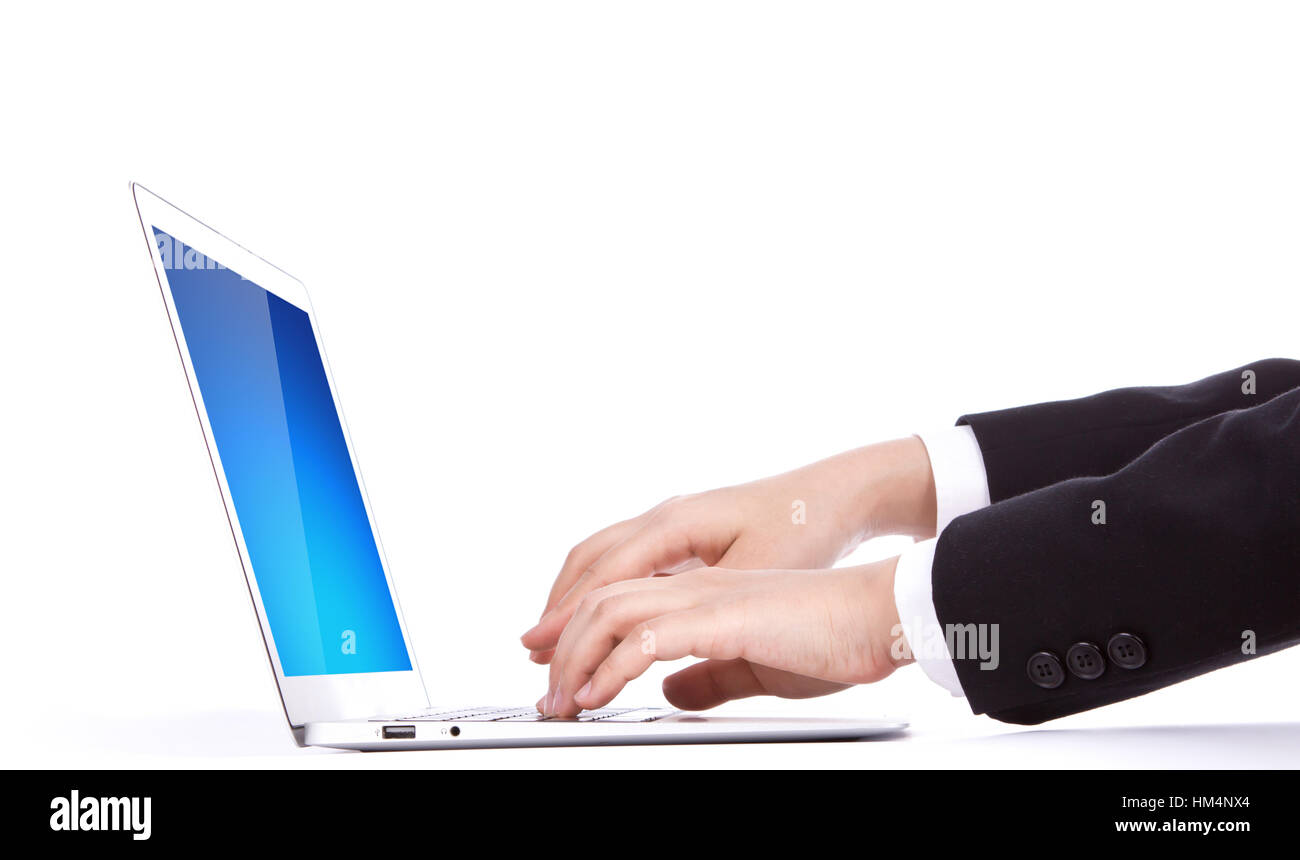 Business hand writing on laptop Isolated on white background Stock ...