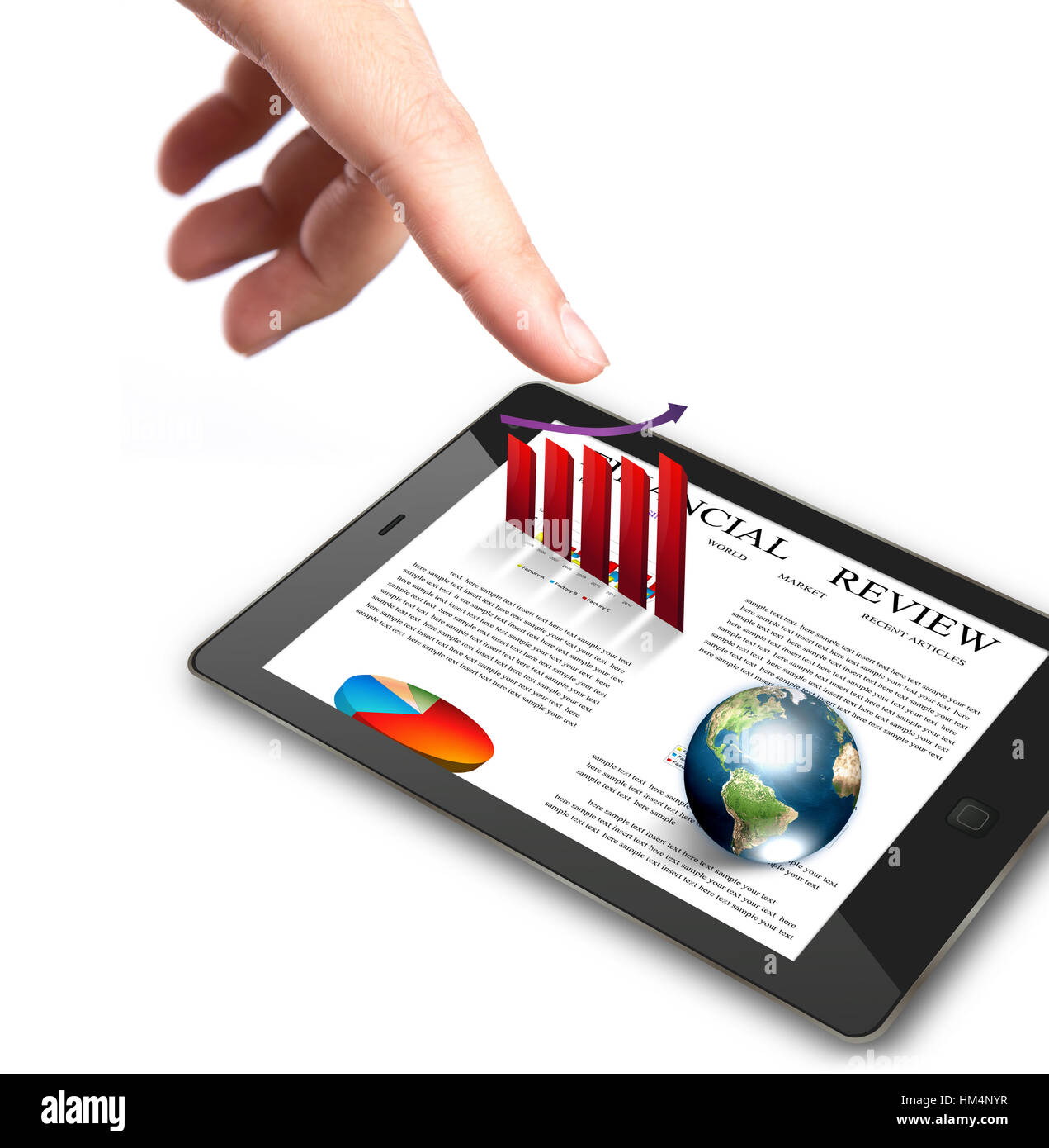 Hand pointing on touch screen device with read graph and earth ...