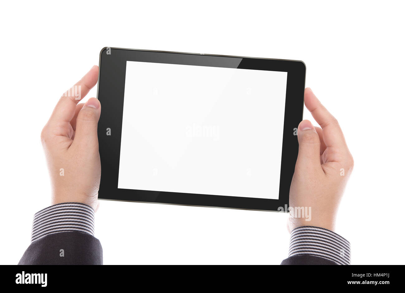 Business man using a touch screen device against white background Stock ...