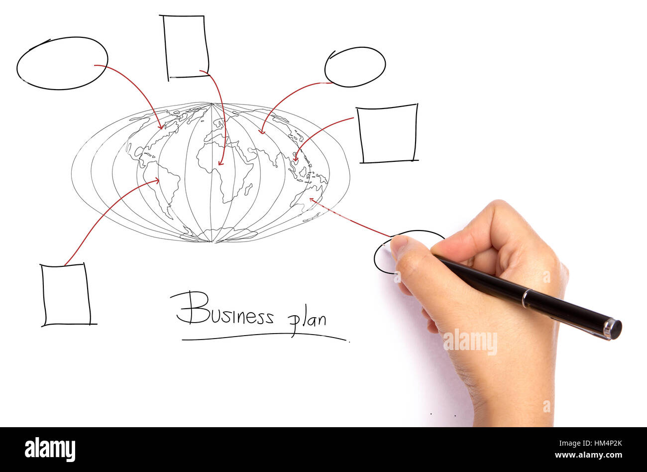 Businessman drawing the world map of business plan in a whiteboard ...