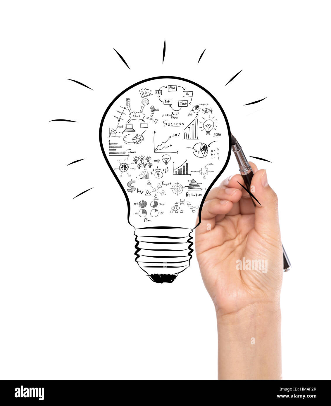 Businessman hand drawing business concept in bulb isolated on white ...