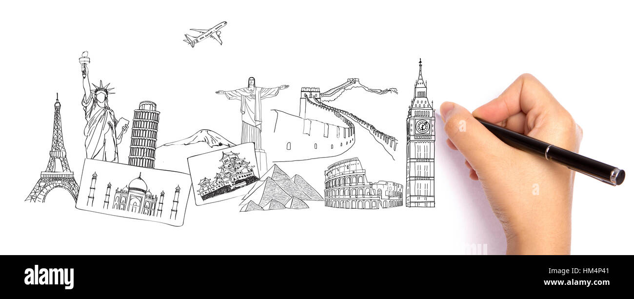 Drawing travel around the world (Japan,France,Italy ,New York,India ...