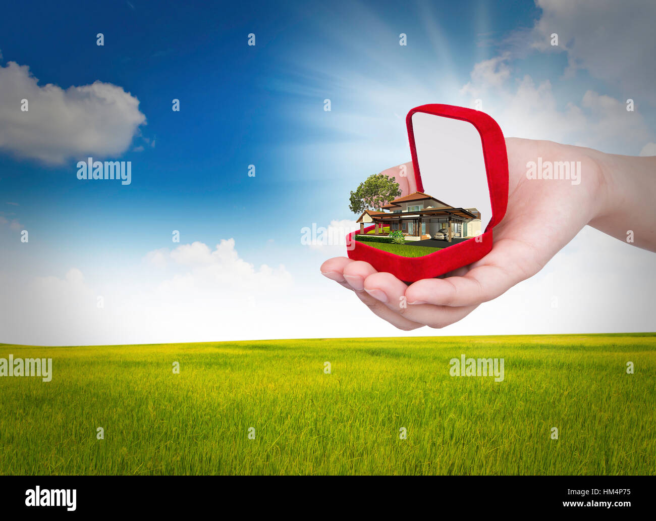 House in ring box on hand against the blue sky Stock Photo - Alamy