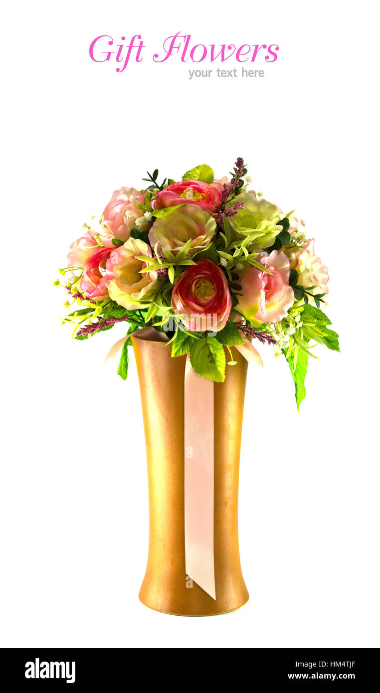 A bunch of gift flowers isolated against a white background with copy ...