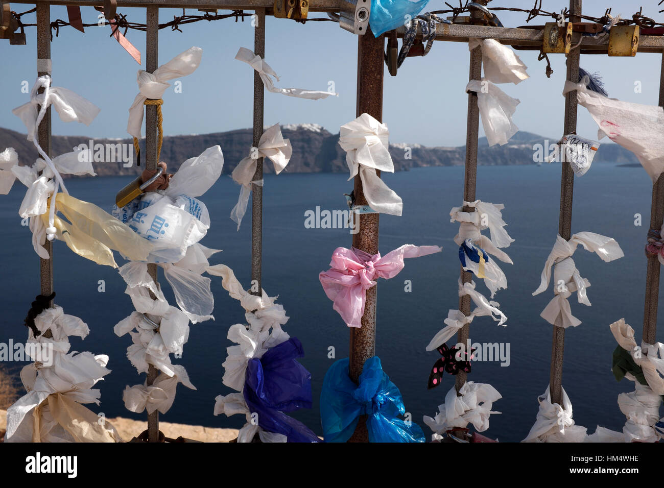 Love locks and ribbons on a railing, Oia, Santorini, Greece Stock Photo ...