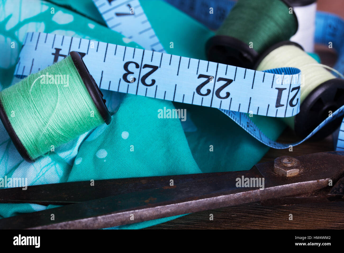 Various sewing equipment in shades of blue Stock Photo - Alamy