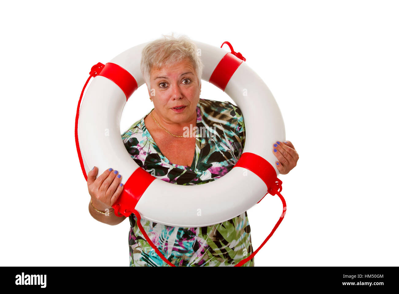 Female senior with life belt isolated on white background Stock Photo ...