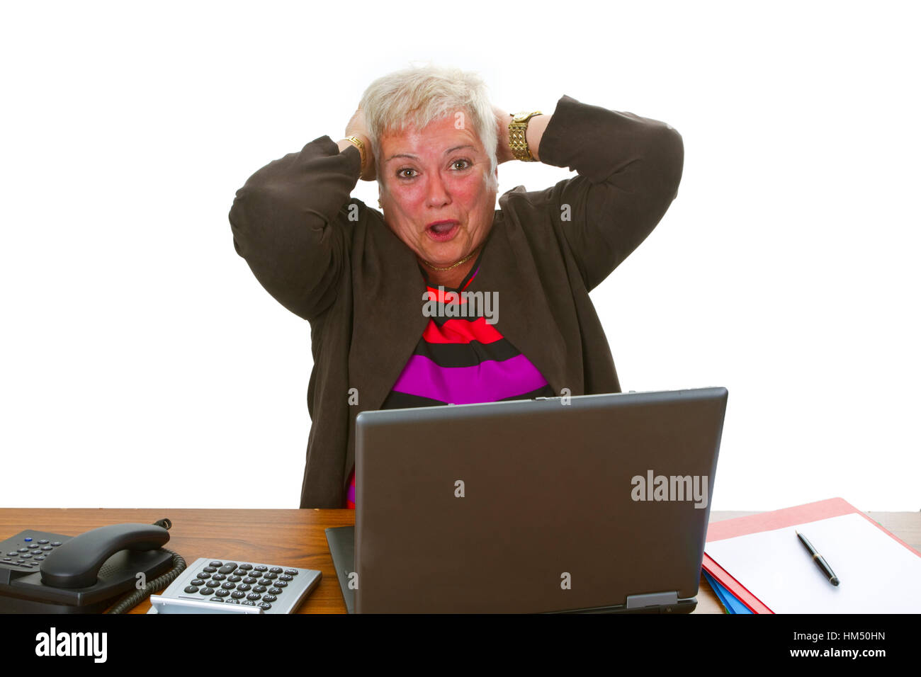 Female senior with laptop - isolated on white background Stock Photo ...