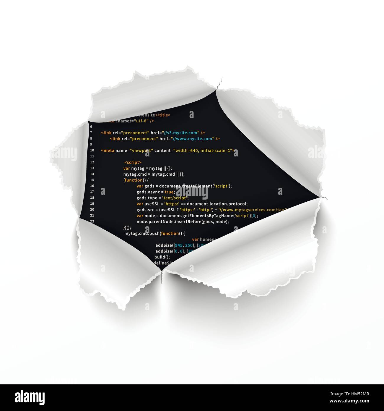 Torn hole in white sheet of paper on complicated program code Stock ...