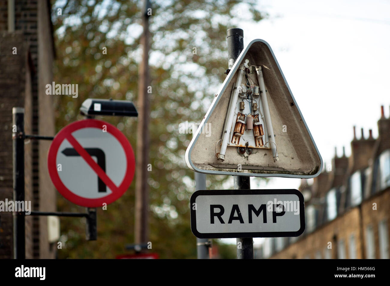 Damaged road sign, London, Great Britain Stock Photo - Alamy