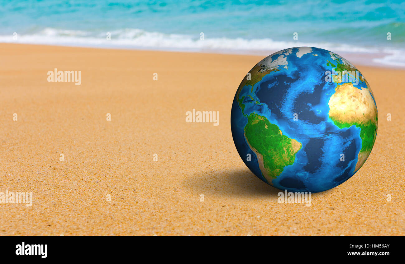 Earth globe on the sea beach (Elements of this image furnished by NASA ...
