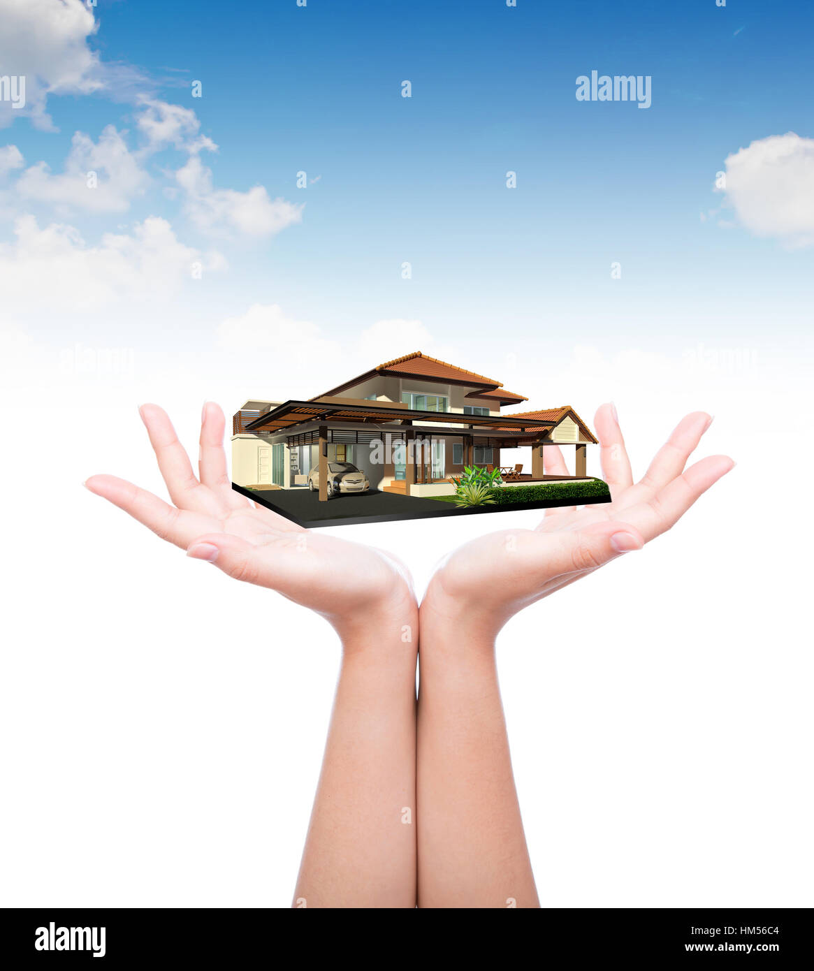 House in human hand over blue sky Stock Photo - Alamy