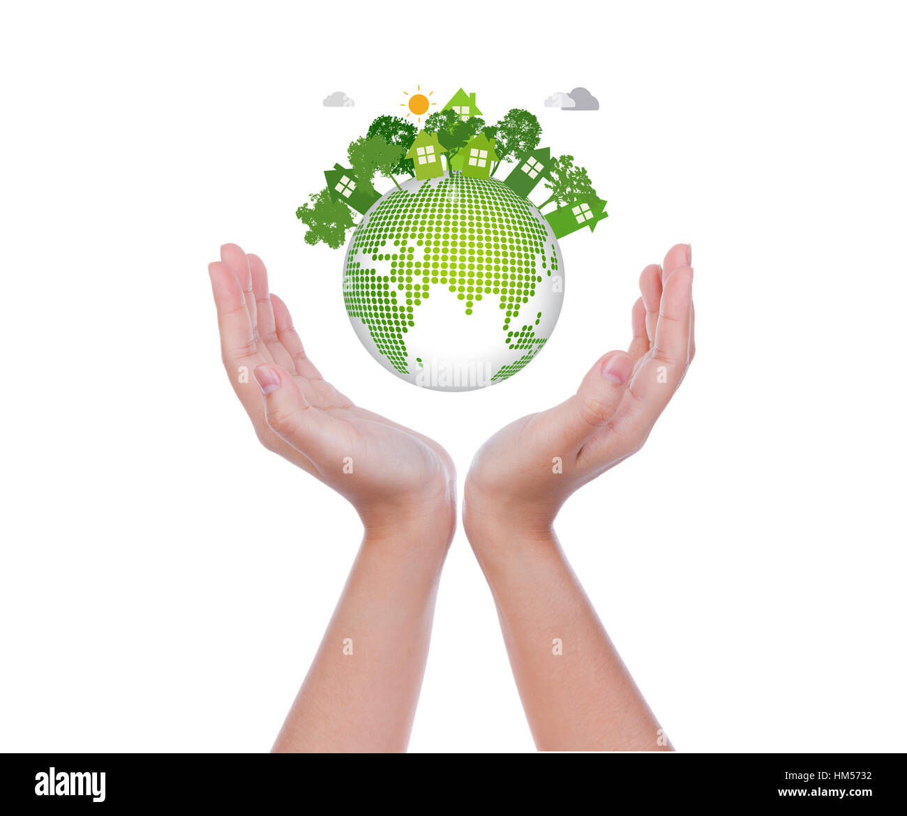 Woman hands hold eco friendly earth on white background Stock Photo - Alamy