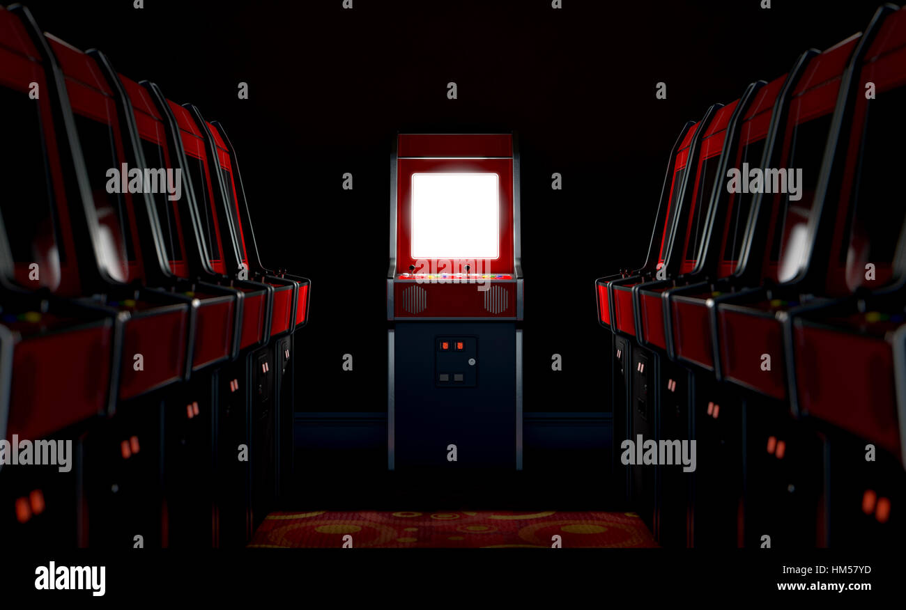 A 3D render of an aisle of switched off vintage arcade game machines ...