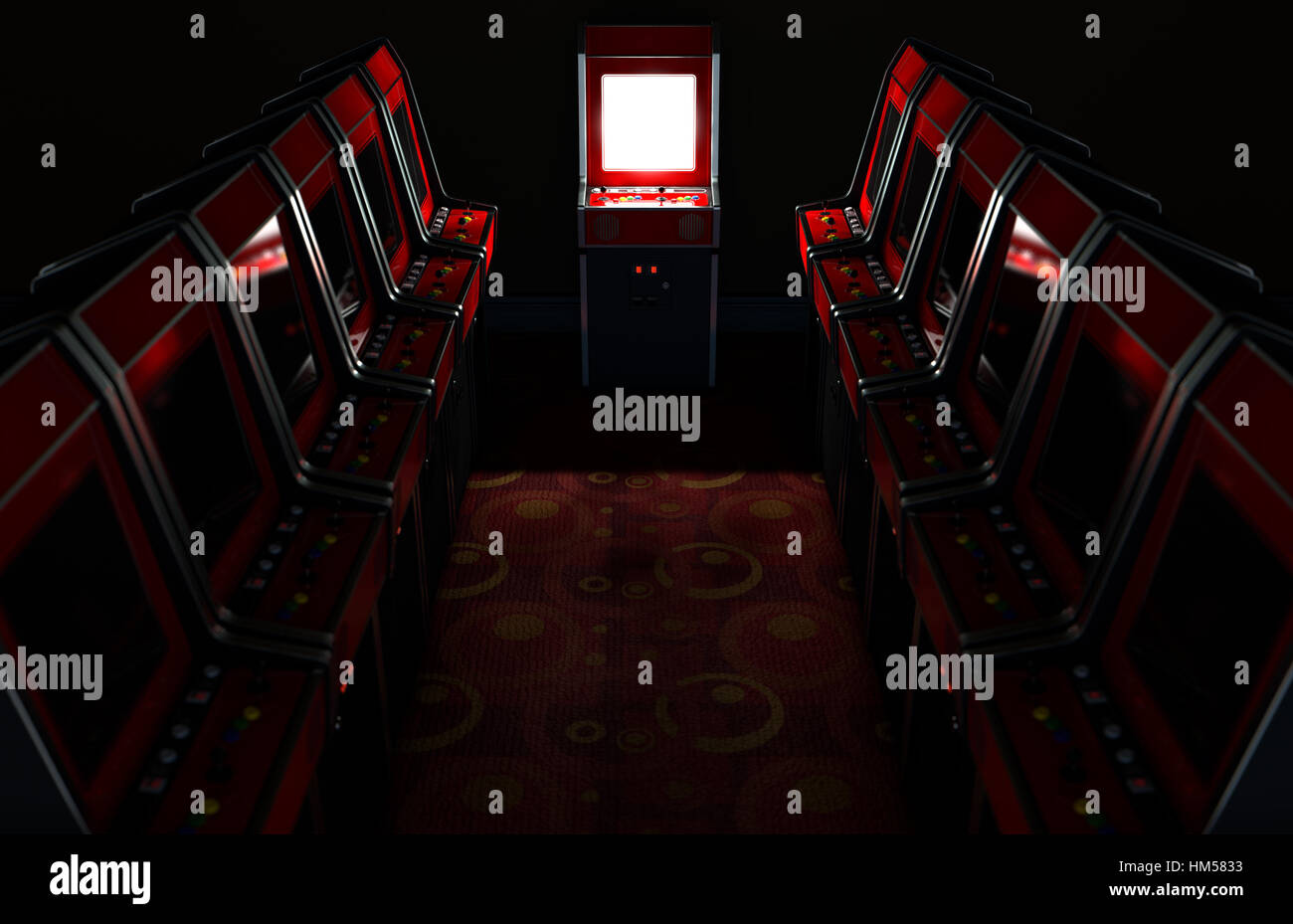 A 3D render of an aisle of switched off vintage arcade game machines ...