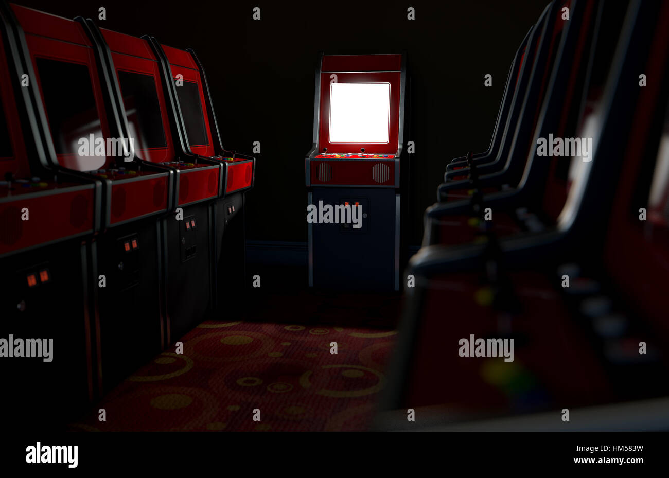 A 3D render of an aisle of switched off vintage arcade game machines ...