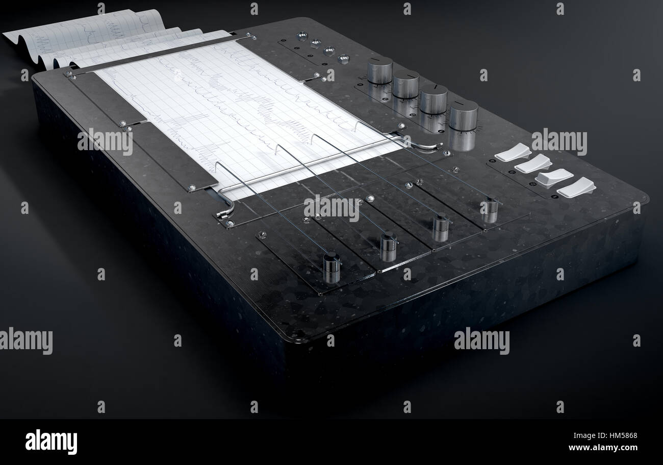 A 3D render of a polygraph lie detector machine drawing red lines on ...