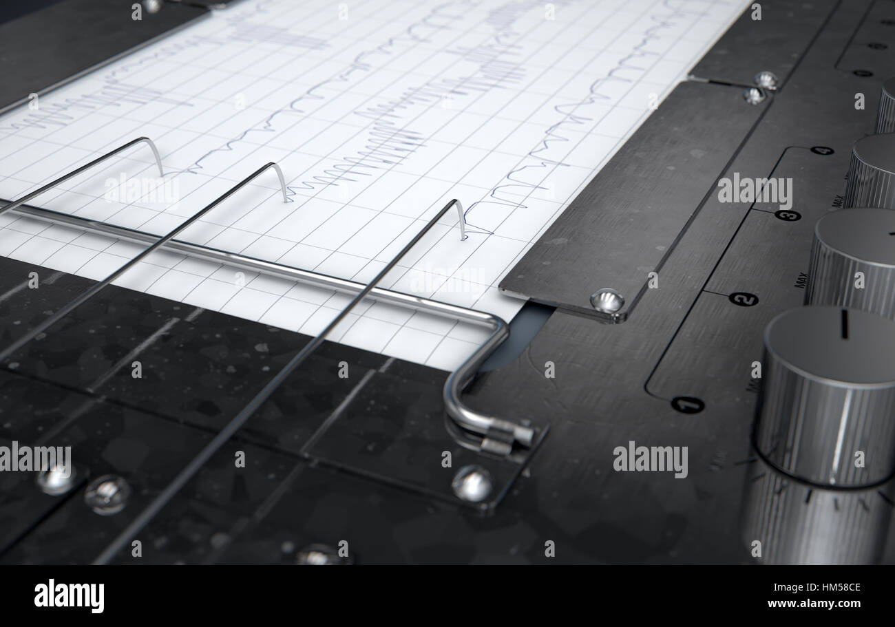 A 3D render of a polygraph lie detector machine drawing red lines on ...