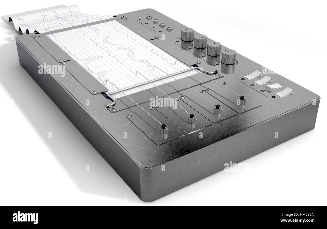 A 3D render of a polygraph lie detector machine drawing red lines on ...