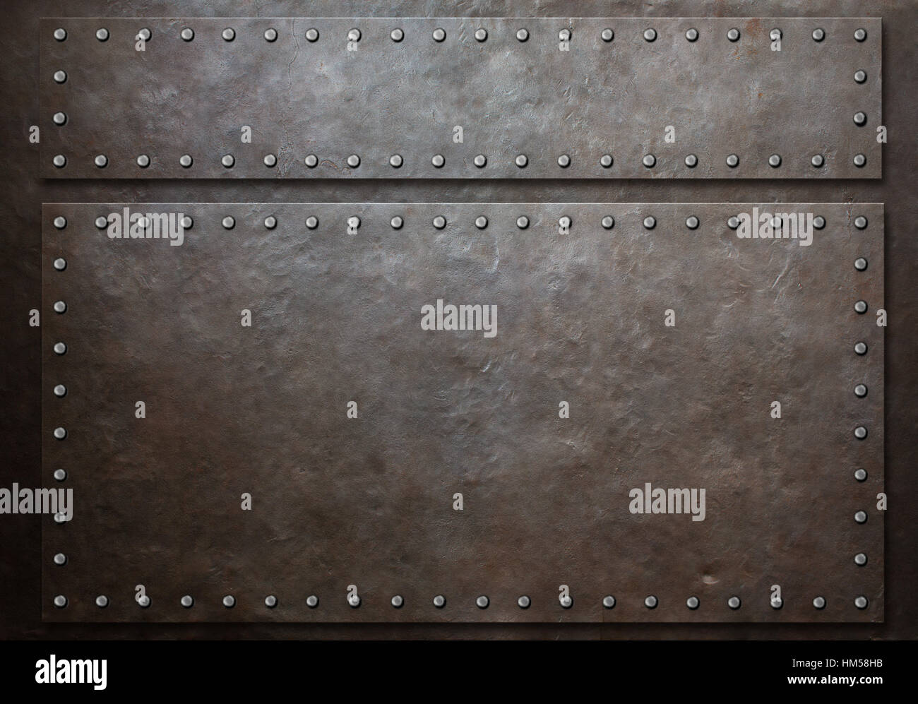 two stained steel plates with rivets over metal background Stock Photo ...
