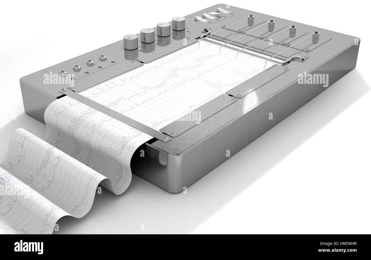A 3D render of a polygraph lie detector machine drawing red lines on ...